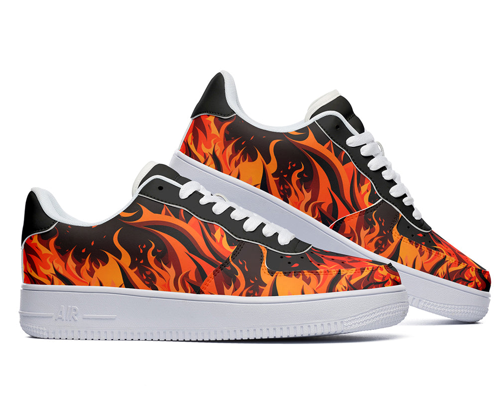 Black Sneakers with Fiery Flame Design and White Accents – CustomKiks.com