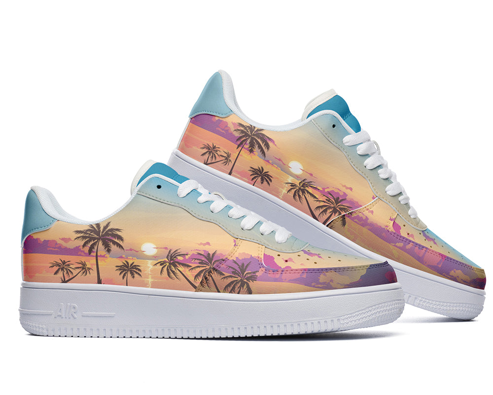 Colorful Sunset Palm Tree Sneakers with White Soles – CustomKiks.com